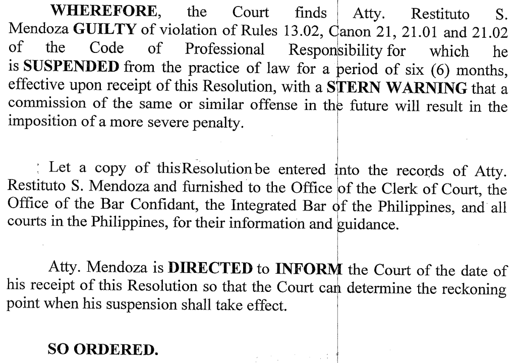 CASE 2019-0036: ADELFA PROPERTIES, INC. VS. ATTY. RESTITUTO S. MENDOZA ...